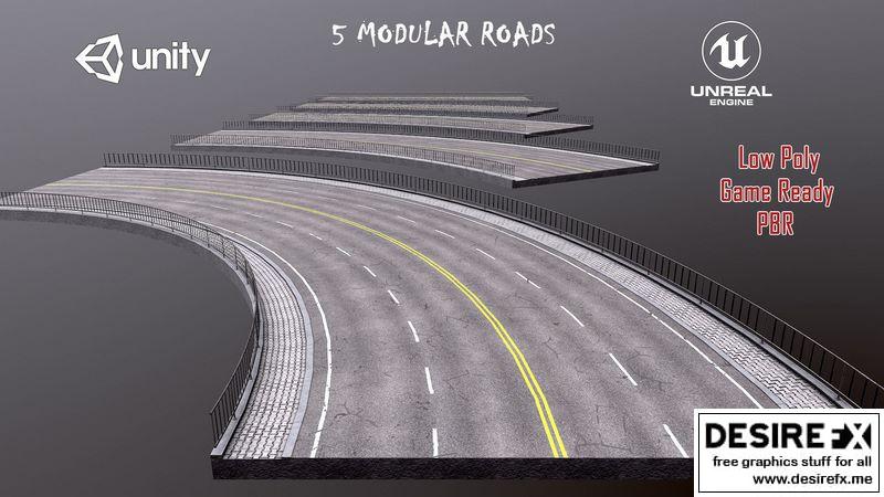 Desire FX 3d models | Modular Highway Roads PBR Low-poly 3D model
