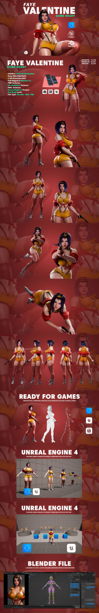 Desire FX 3d models | Faye Valentine – Game Ready – 3D Blender Model – UE5