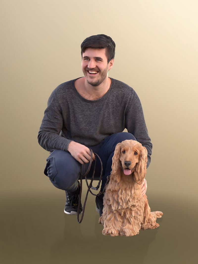 Desire FX 3d models | Casual Man With His Dog Crouching low-poly 3d model