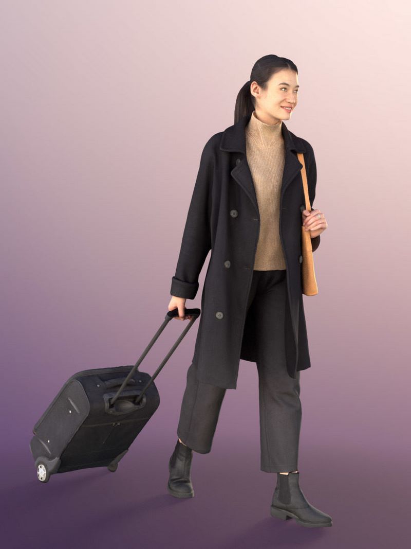 Desire FX 3d models | Asian Woman Black Coat Trolley Travelling Bag low ...